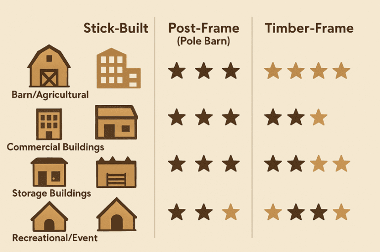 Stick-Built vs Post Frame vs Timber Frame: 2025 Wood-Building
